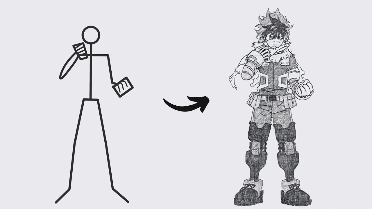 How to Draw Deku Full Body out of a Stickman | Izuku Midoriya Easy Anime Drawing