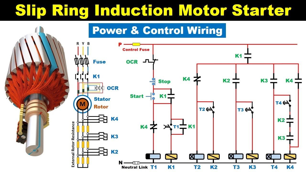 Self Start Slip ring Induction Motor Starter Power & Control wiring  @ElectricalTechnician