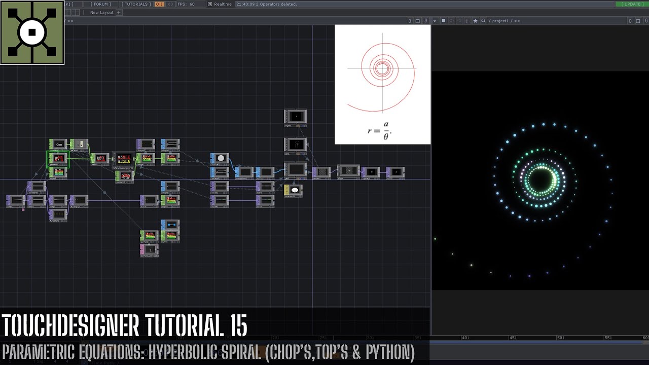 TouchDesigner Tutorial 15 - Parametric Equations: Hyperbolic Spiral (CHOP's,TOP's & Python)