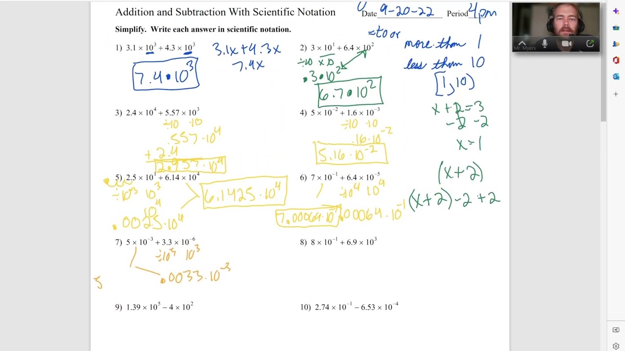 Adding and Subtracting Scientific Notation- Algebra 1 Kuta Worksheet Series