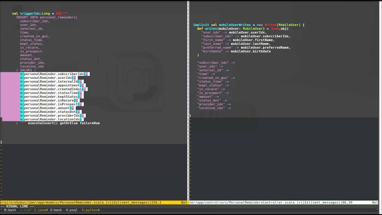 Vim - SQL/JSON field conversion macros