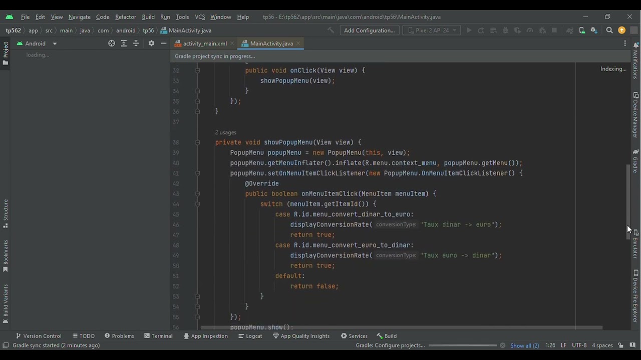 tp56 – E  tp562 app src main java com android tp56 MainActivity java