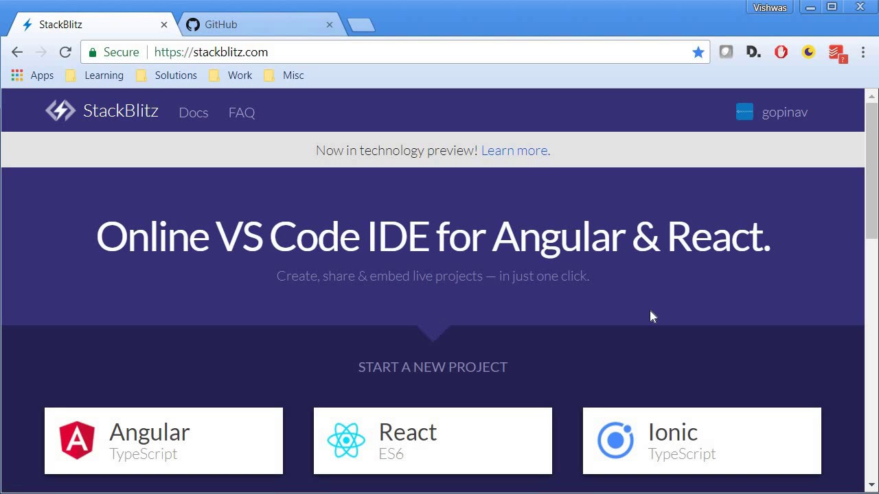 Stackblitz - Angular and React Online IDE