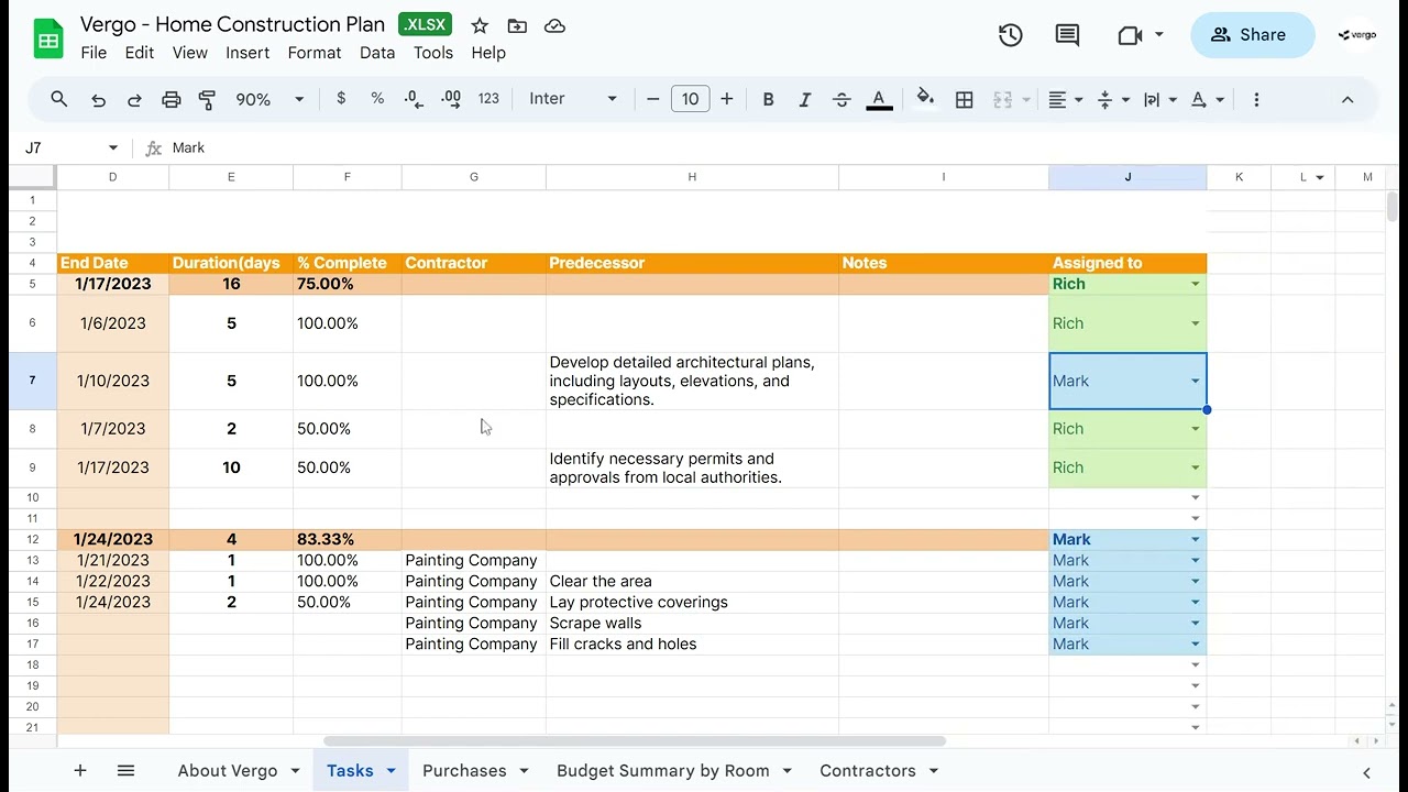 Vergo Home Construction Plan Template in Google Sheets