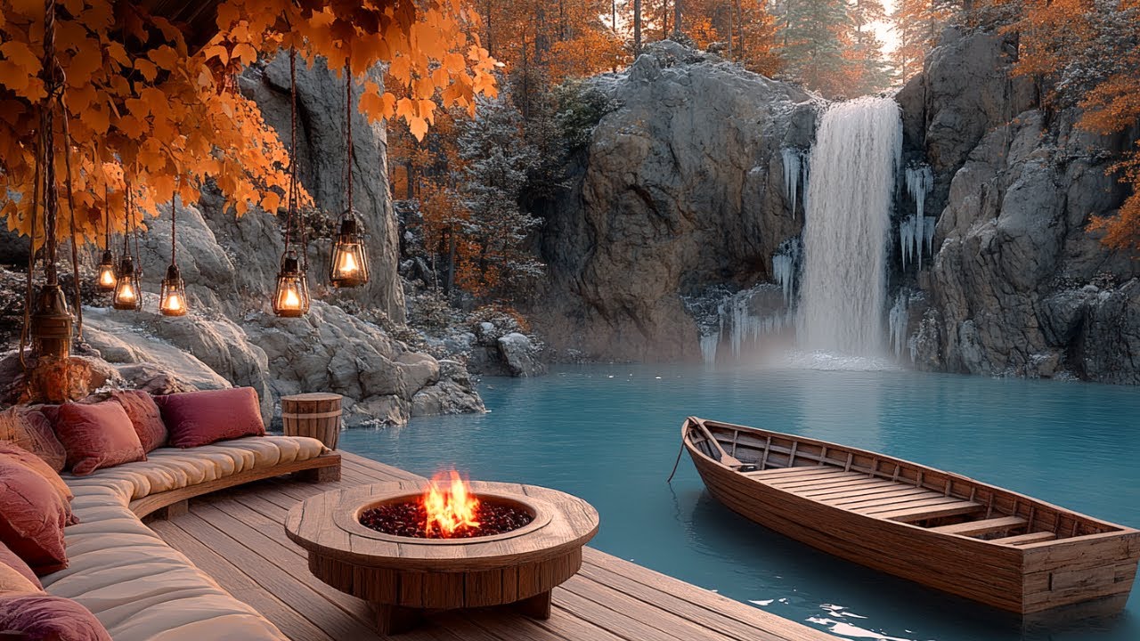 Autumn Forest Hideaway by the Falls | Warm Fire, Birdsong & Nature Sounds for Focus, Sleep