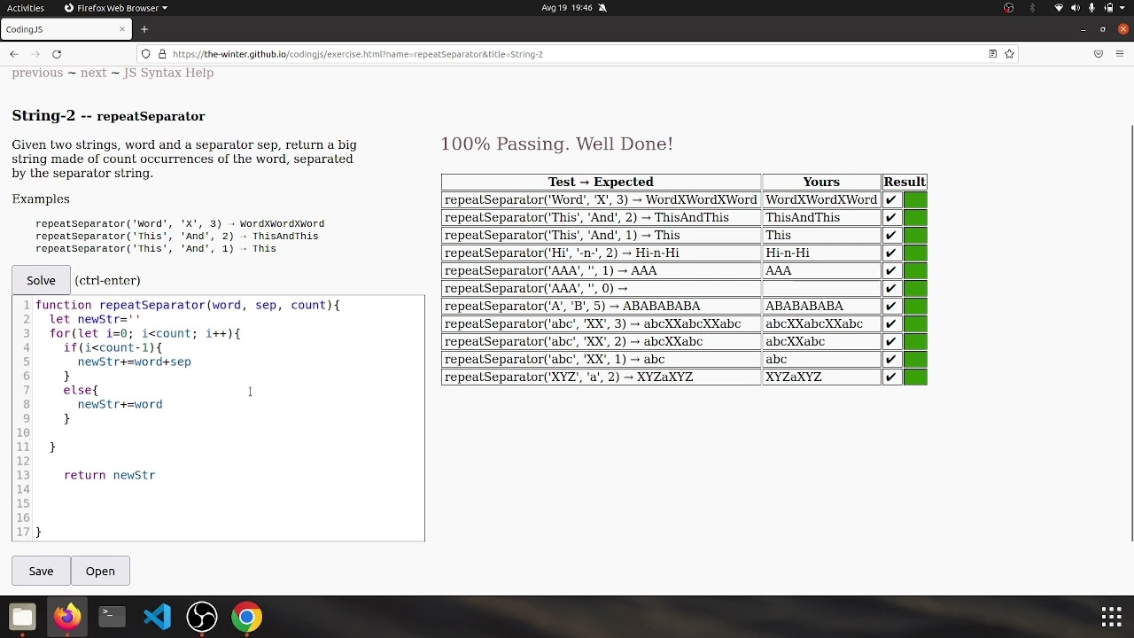 Codingjs (Codingbat)  String-2 -- repeatSeparator  Javascript solution