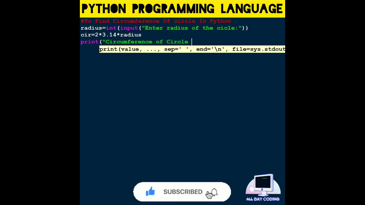 #python 70 To Find Circumference Of Circle In Python   Computer Programming  #shorts #coding