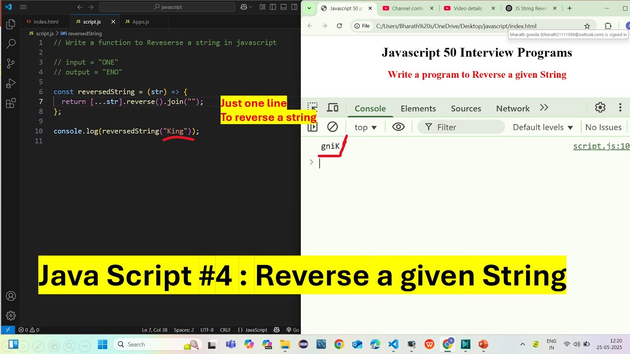 Java Script  #4 - Reverse a given String in JS | Javascript Interview Exercise  #bharathedutech