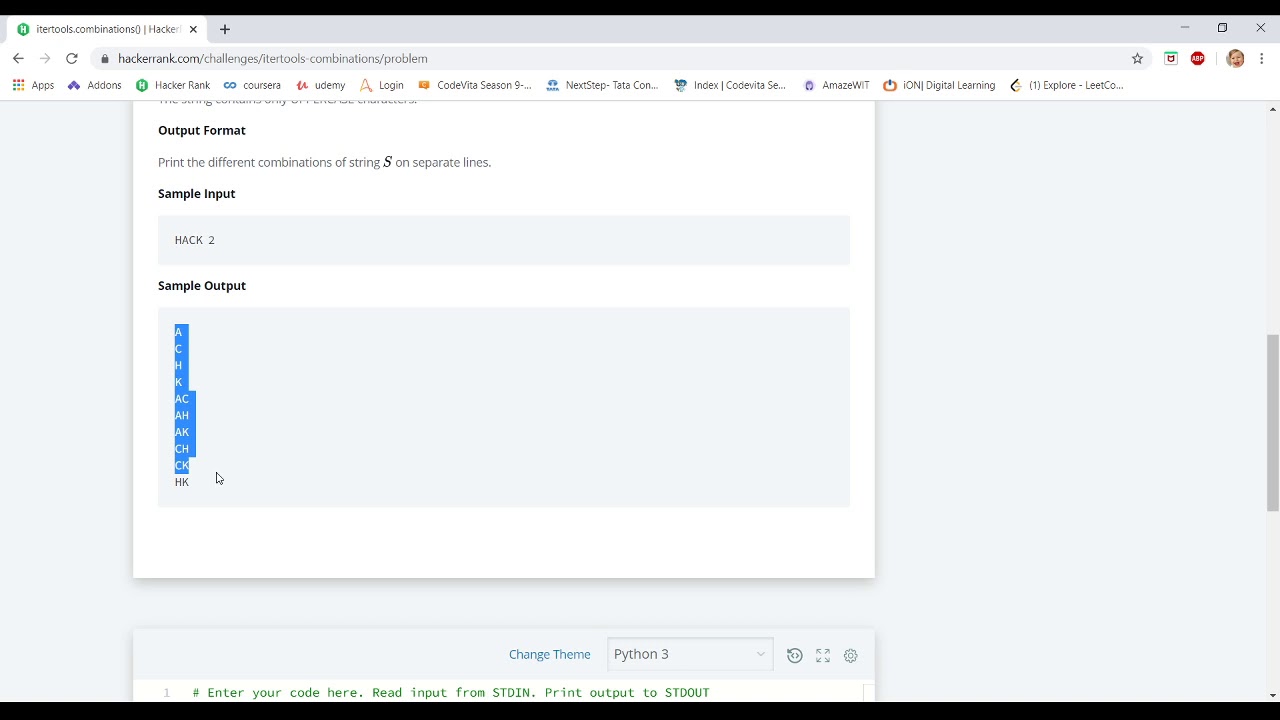 itertools combinations HackerRank | Coding in Lockdown