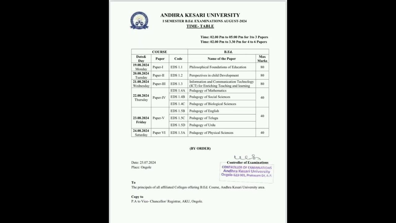 Andra Kesari  University Prakasam district Andhrapradesh Bed 1st Semester exam Notice 2024