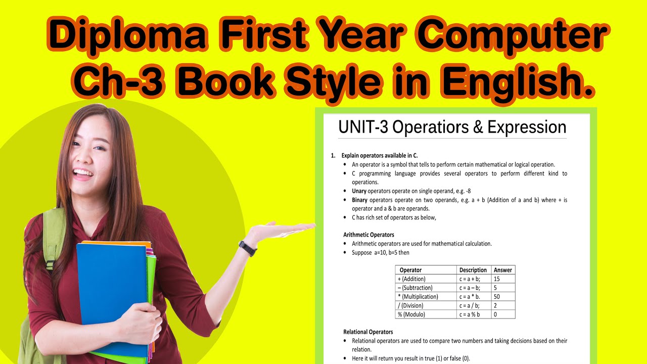 (Operators & Expression) Diploma First Year Computer Ch-3 Book style PDF In English.