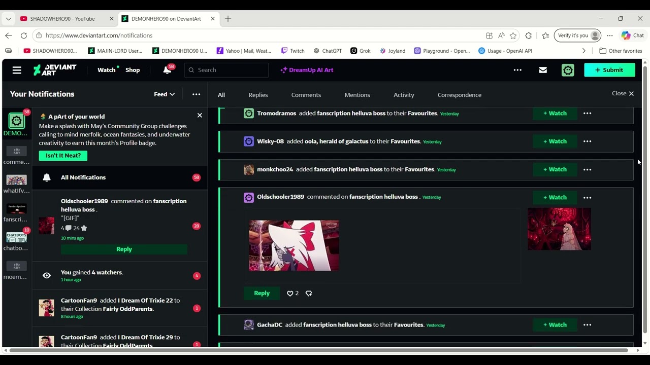 i just got 58 notifications on deviantart(may 10th 2026)