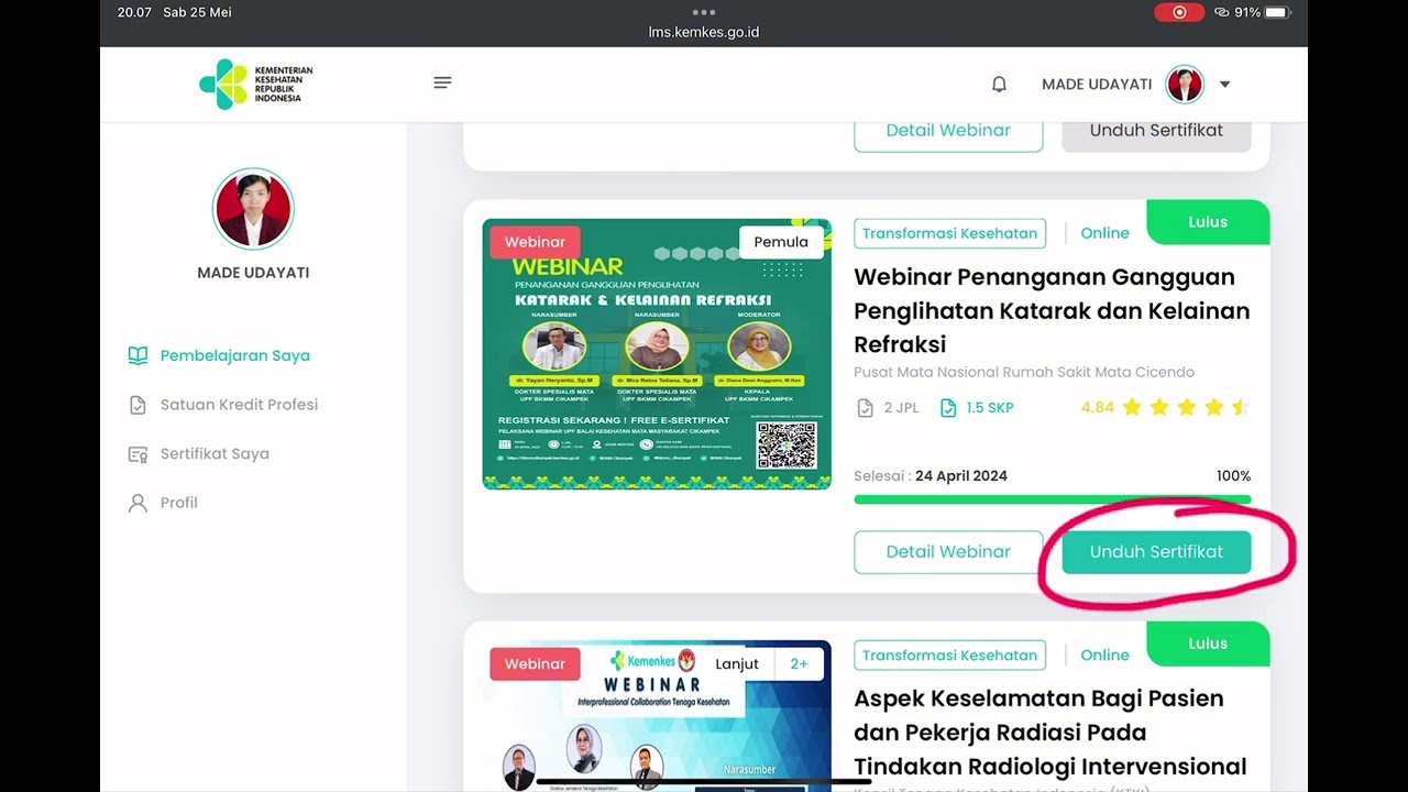 Download Sertifikat di Plataran Sehat Kemkes