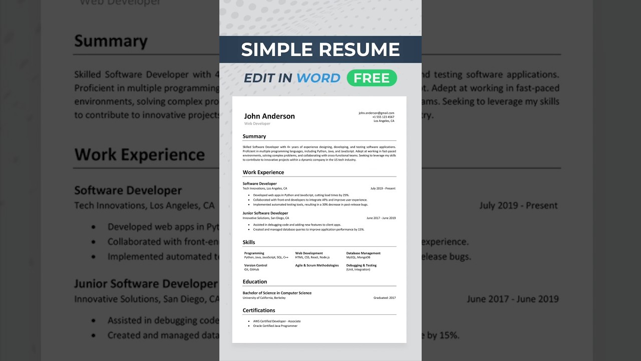 How to Edit Resume in MS Word | Simple Resume Template | Free Download