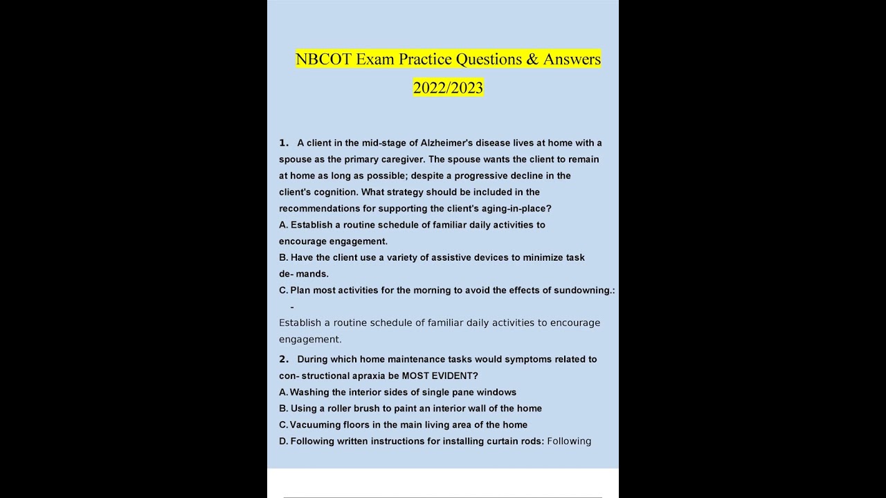 NBCOT Exam Practice Questions and Answers 2022 2023 Verified Answers