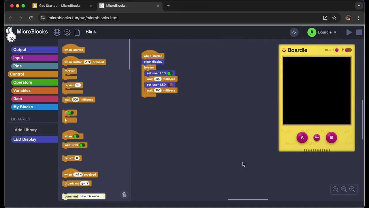 MicroBlocks Getting Started with Boardie