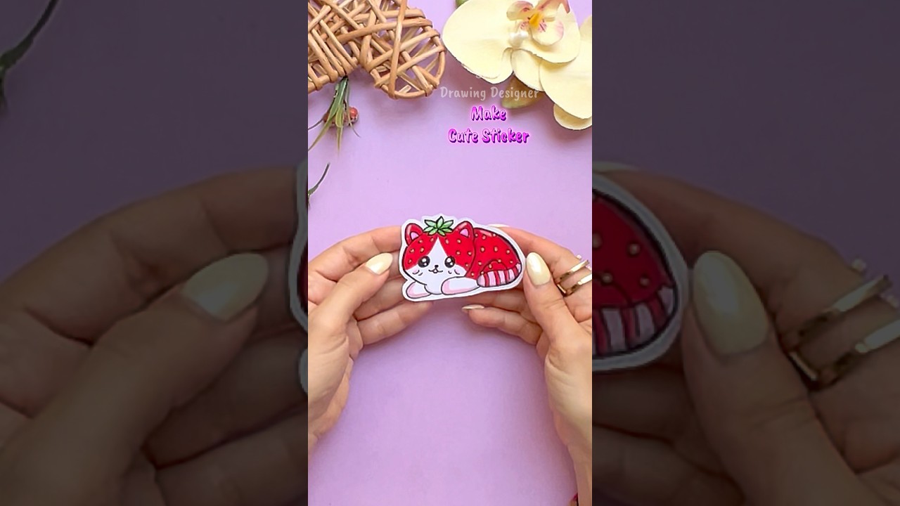 Diy Cute Strawberry Cat Sticker #shorts  #saba_drawingartist #easycraft