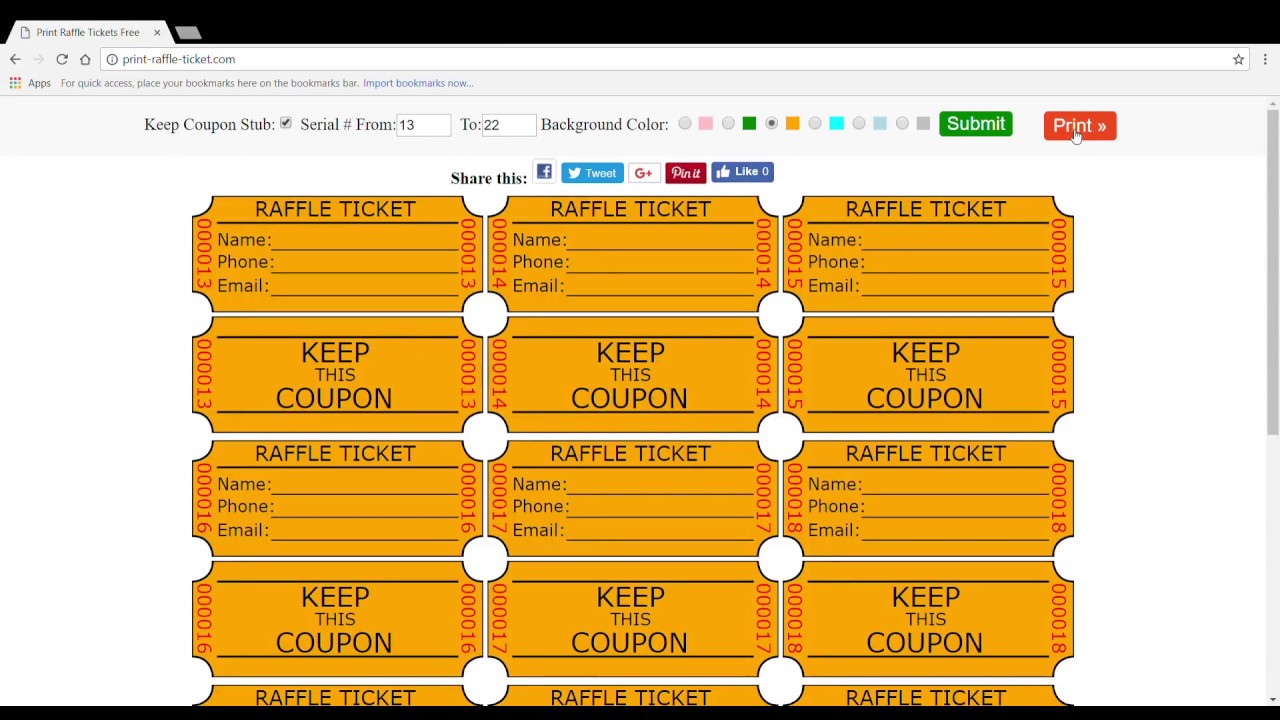 Print Raffle Tickets Free Name Phone Email Printable Custom Serial Number Template