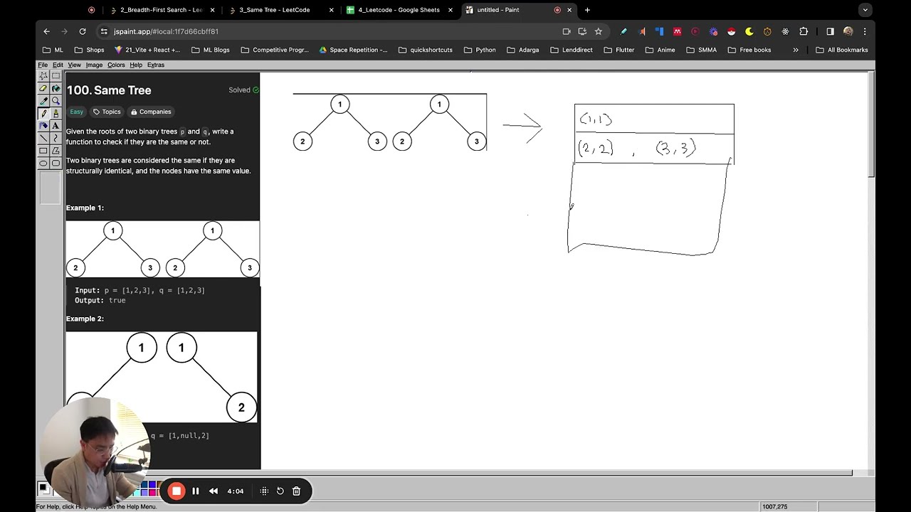 Leetcode 100 - Same tree (traversing 2 trees at once with bfs)
