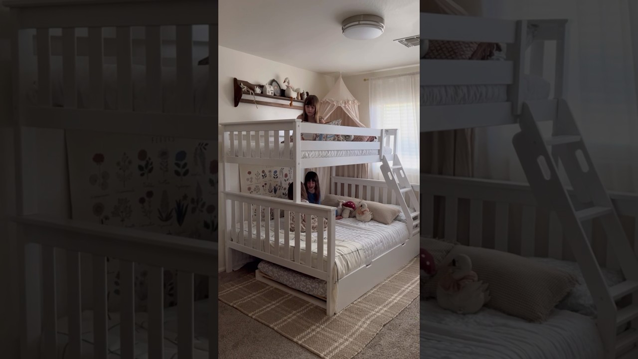 Our Twin-over-Full Bunk Bed + Trundle! 😍 #kidsbed #bunkbed #girlsroom #girlmom #kidsroom #fairytale