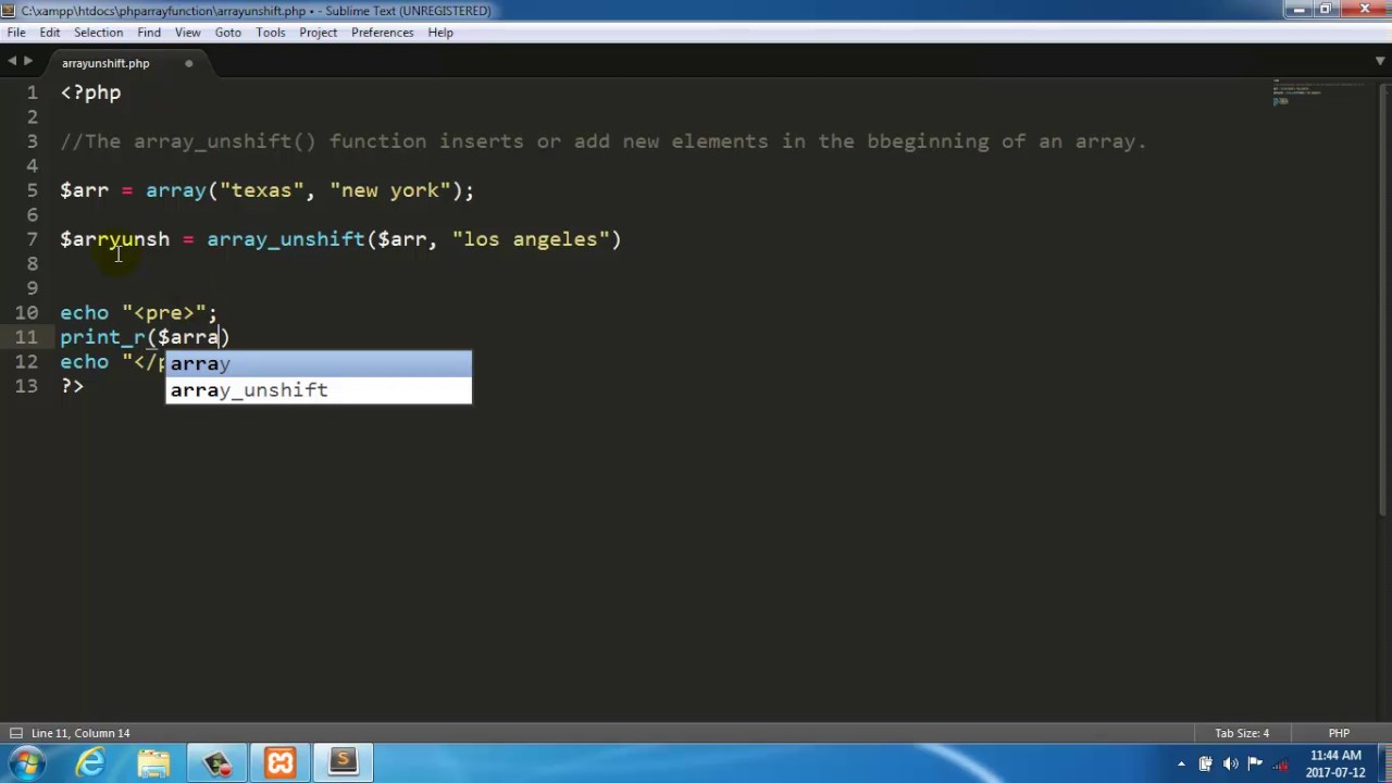 PHP array unshift Function