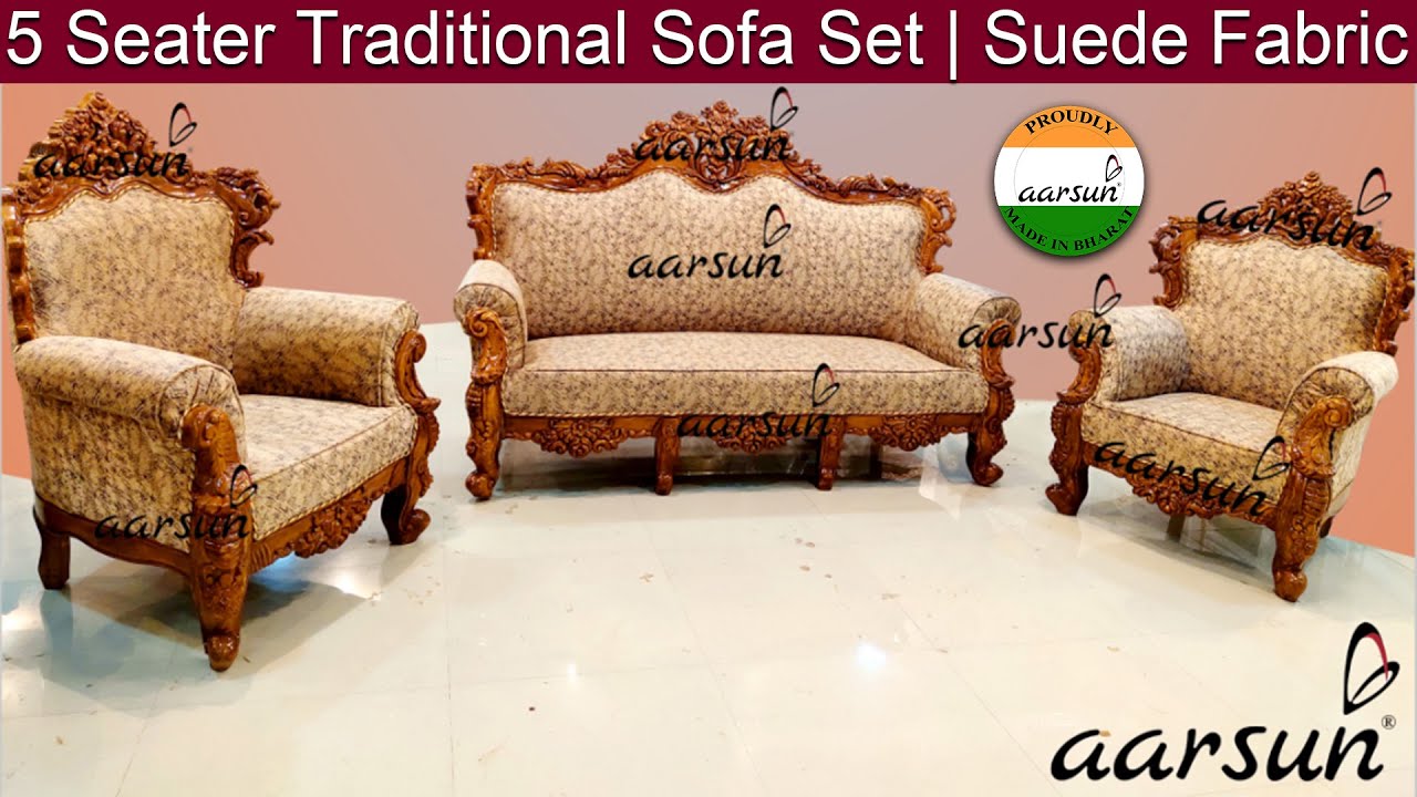 #226 Wooden Sofa Set Traditionally Hand Carved Floral Suede Fabric | Solid Wood Sofas by Aarsun