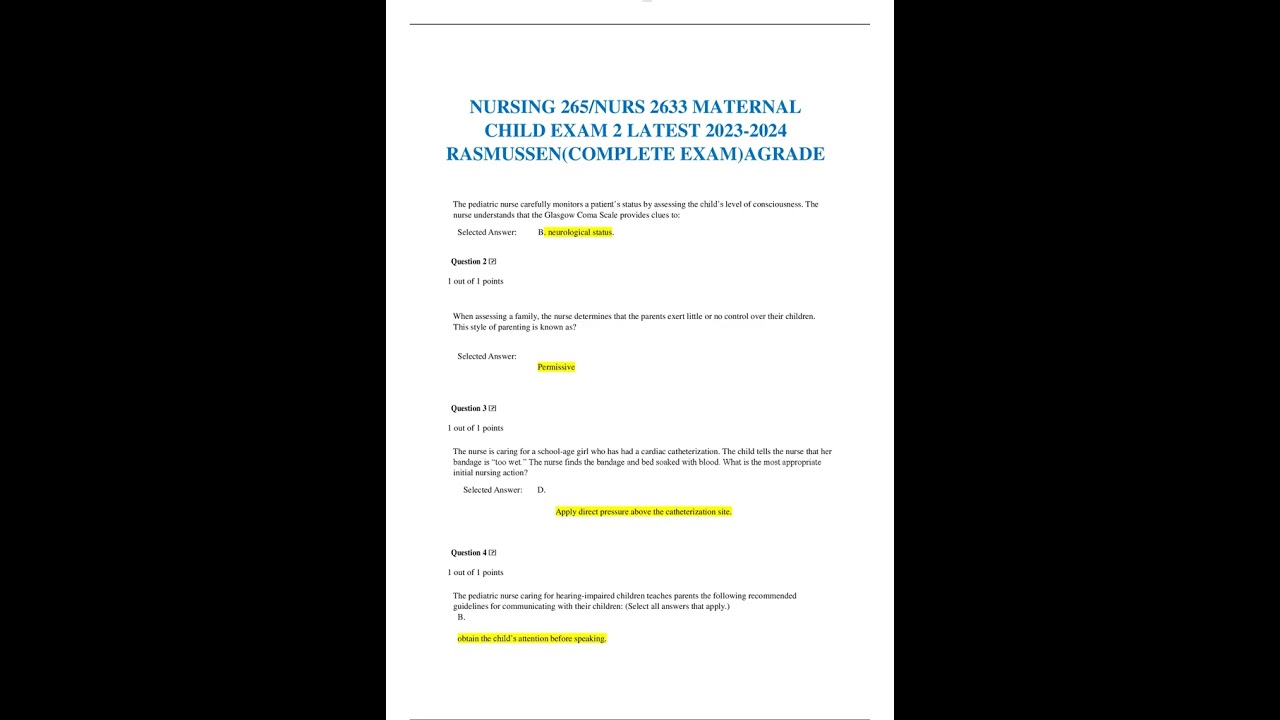 NURSING 265NURS 2633 MATERNAL CHILD EXAM 2 LATEST 2023/2024 RASMUSSEN COMPLETE EXAM AGRADE