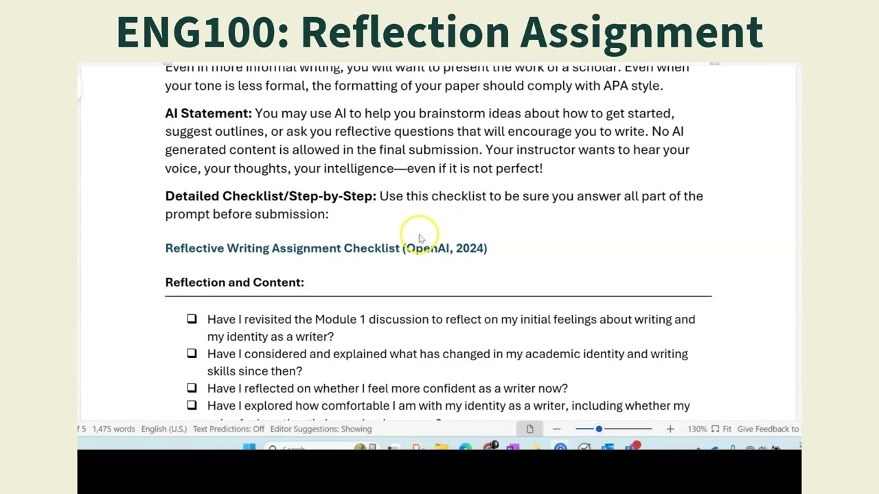 Reflection Assignment Sheet Video
