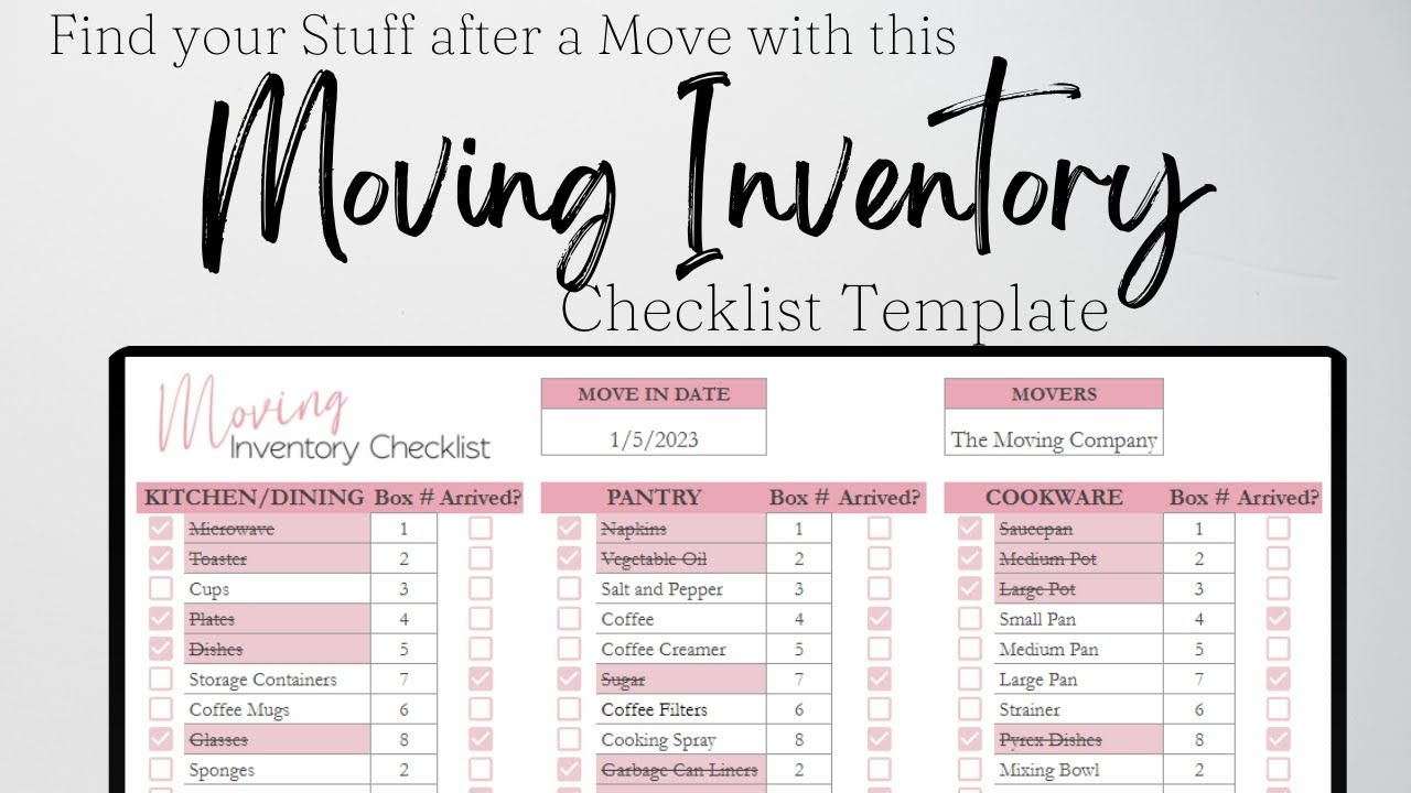 Moving Inventory Checklist, Moving Inventory List Template Excel Spreadsheet, Google Sheets, Packing