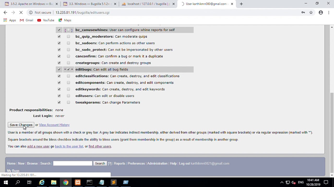 Creating Users in Bugzilla Windows 10
