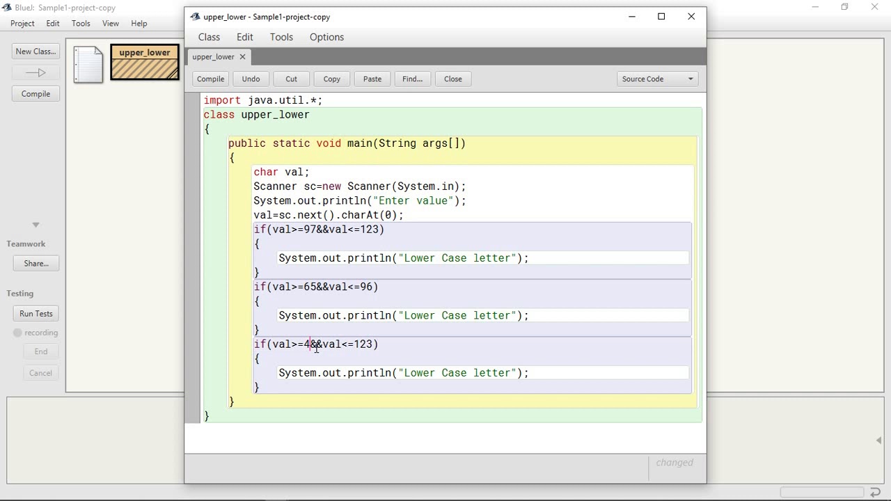 BlueJ Environment - Java Programming For Class 9 ICSE - Program for Character/Letter identification