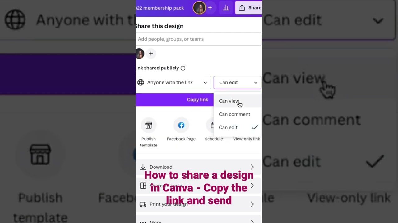 Here’s a short video on how to share a design in Canva, click share, select your option & copy link