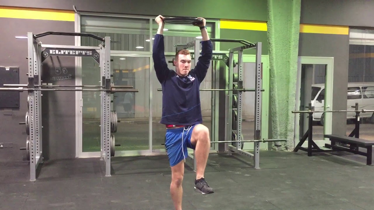 Empower Yourself Exercise. Overhead Plate Hold with Knee Drives (1,2,3).