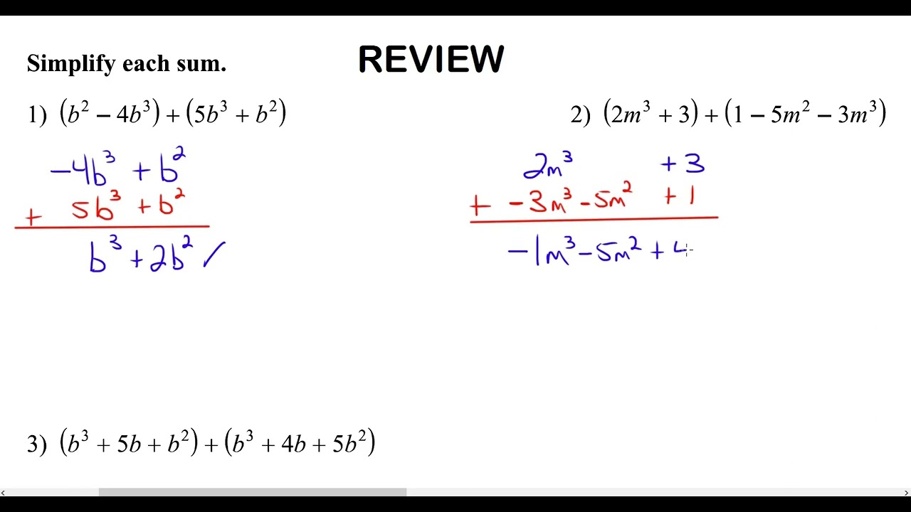Algebra Quiz Review - Adding and Subtracting Polynomials
