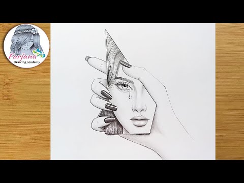 How to draw A sad Girl's face reflected on a Broken Mirror - step by step || A broken mirror in hand