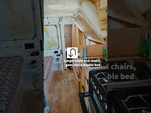 Inside our converted Iveco Daily van, campervan that sleeps a family of 5, including a cot!