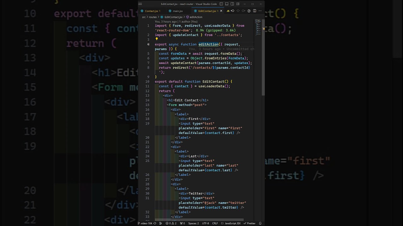 Submitted form data into the loader in React Router V6 - React18 #react #javascript