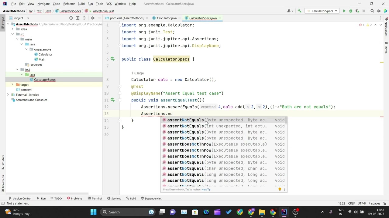 Using Assertions in JUnit