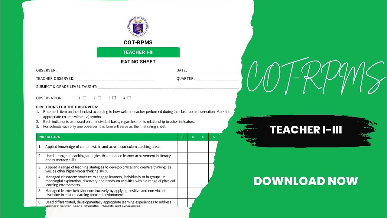 COT RPMS Teacher I-III Free Download Template SY 2022-2023
