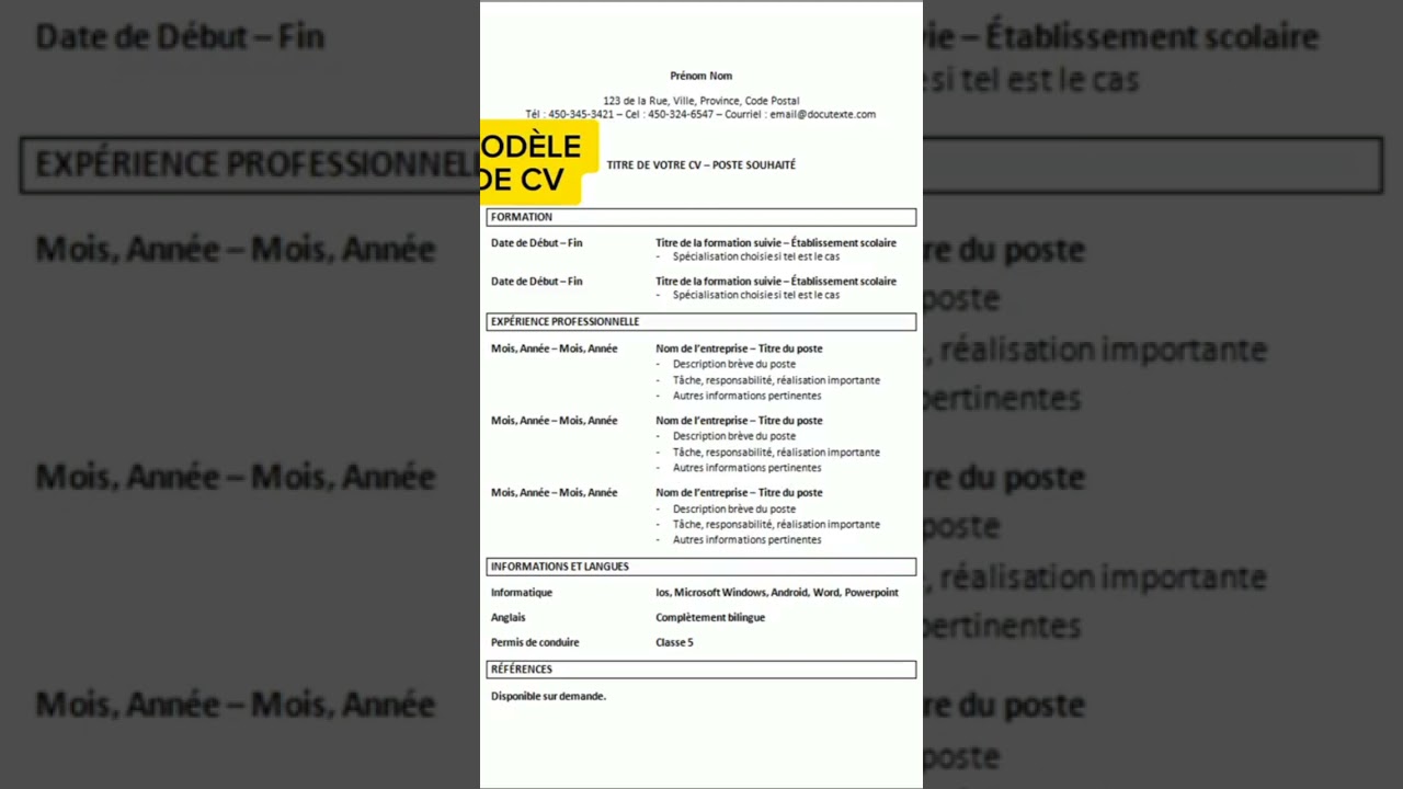 Modèle de CV professionnel #cv #careertips #purpose #travail #conseilsemploi #entreprise #cvparfait