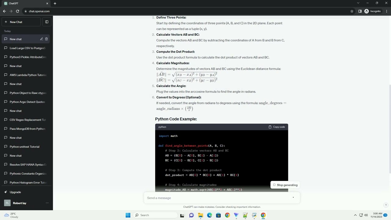 Issue with finding angle between 3 points in Python