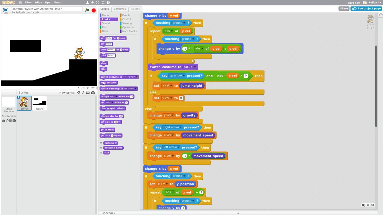 Platform Physics with Animated Player in Scratch