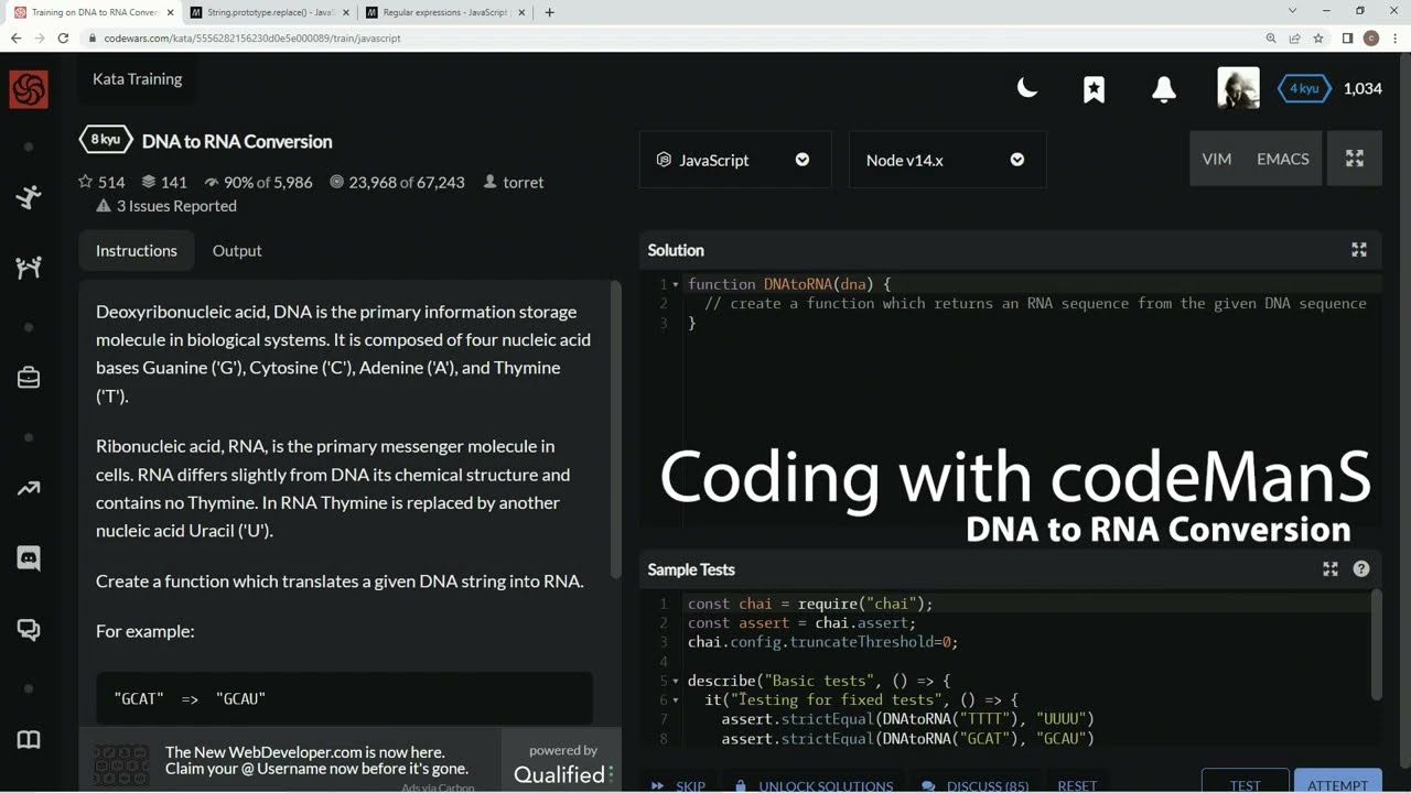 Codewars 8 kyu DNA to RNA Conversion Javascript