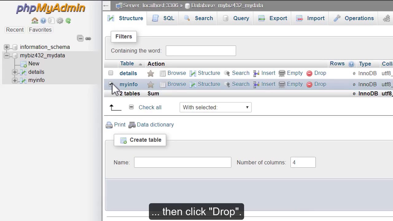 Deleting a table from a database with phpMyAdmin.
