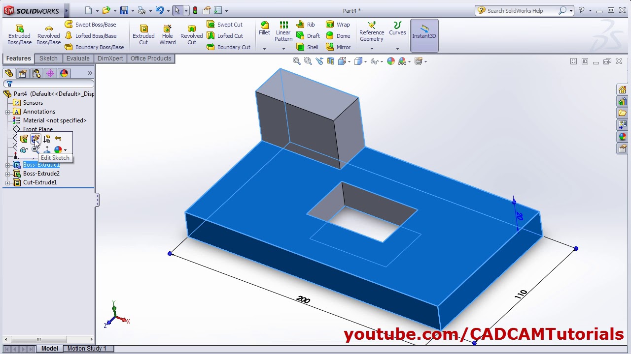 SolidWorks Basics Tutorial for Beginners - 4 | Learn SolidWorks Online Free | Extrude Boss/Base Cut