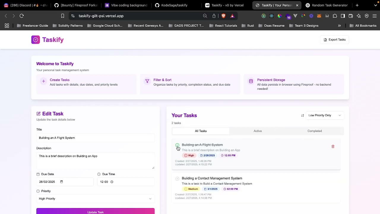 Taskify | A Personal Task Manangement System: React, v0, Fireproof RadixUI & TailwindCSS