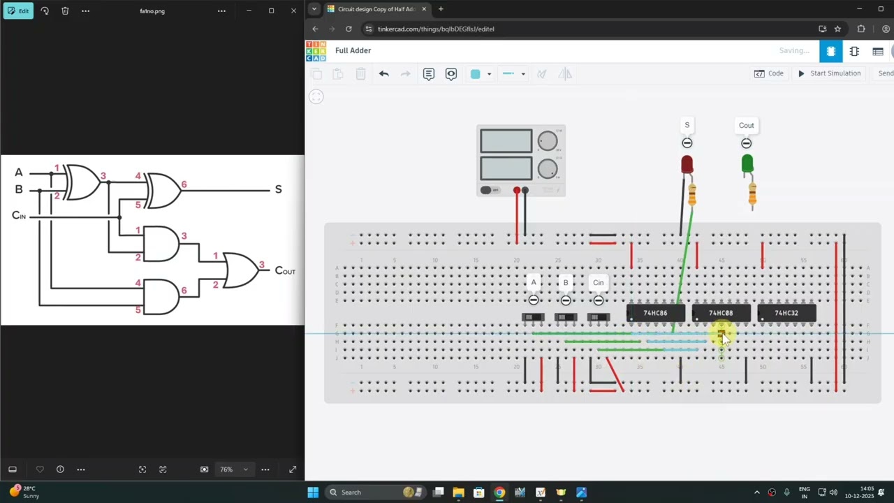 Experiment to verify truth table of Full Adder using TinkerCAD