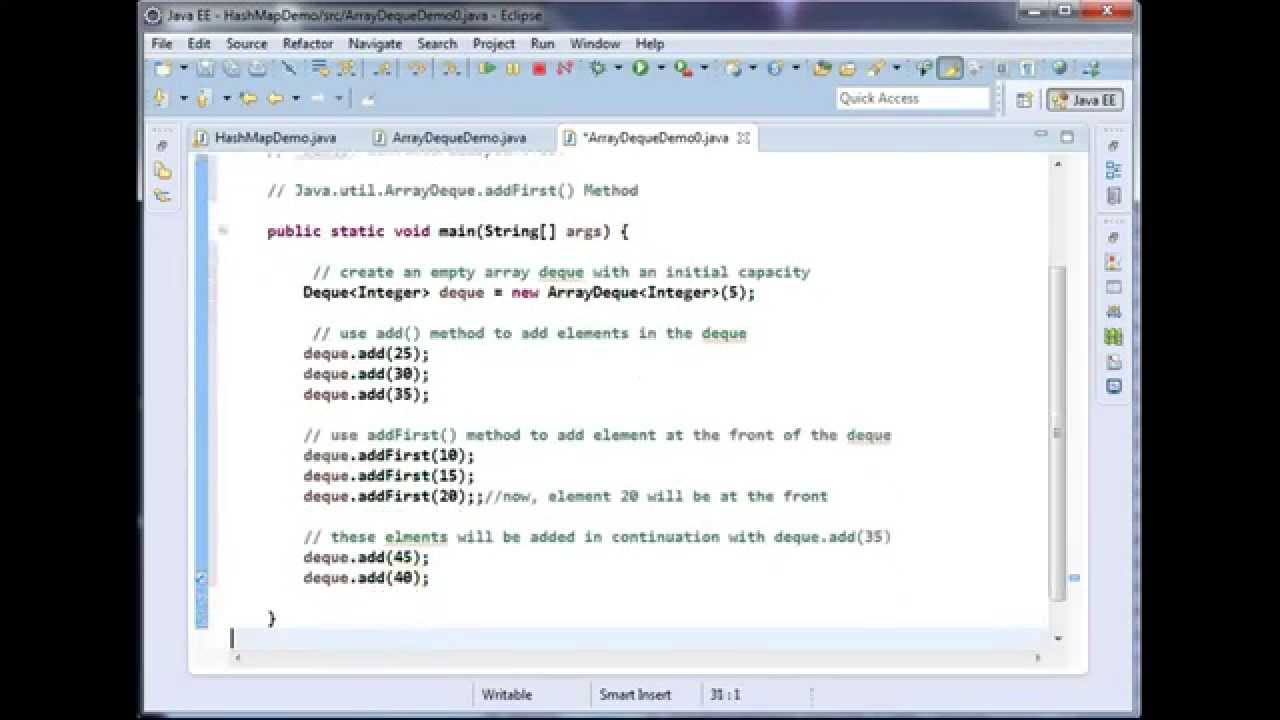 Java util ArrayDeque addFirst Method