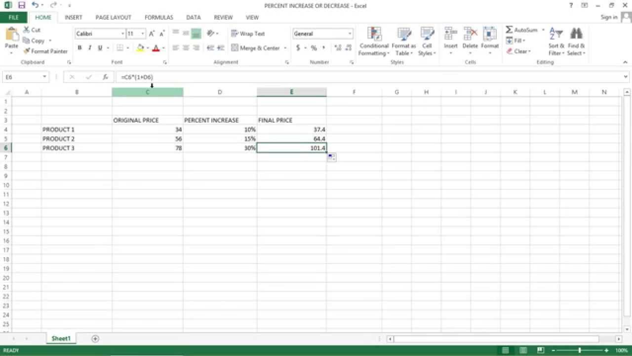 Excel  2013 Tutorial - How to apply Percent Increase or Decrease