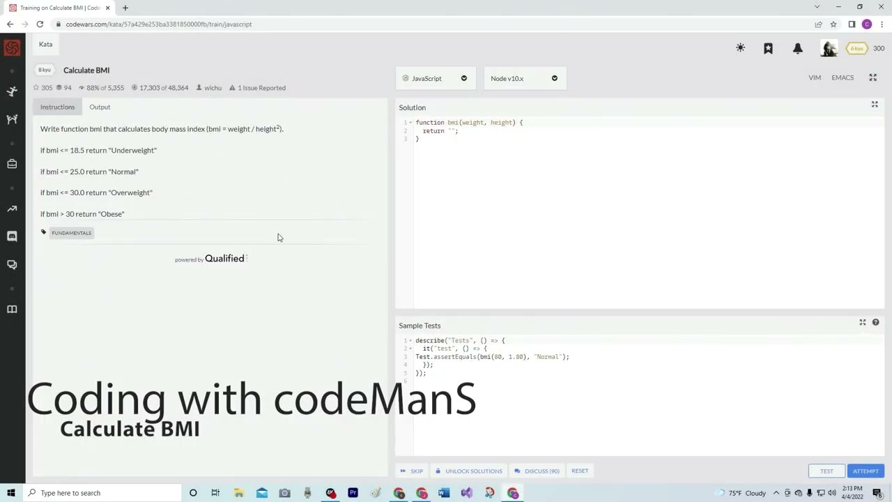 (Archived) Codewars 8 kyu Calculate BMI JavaScript